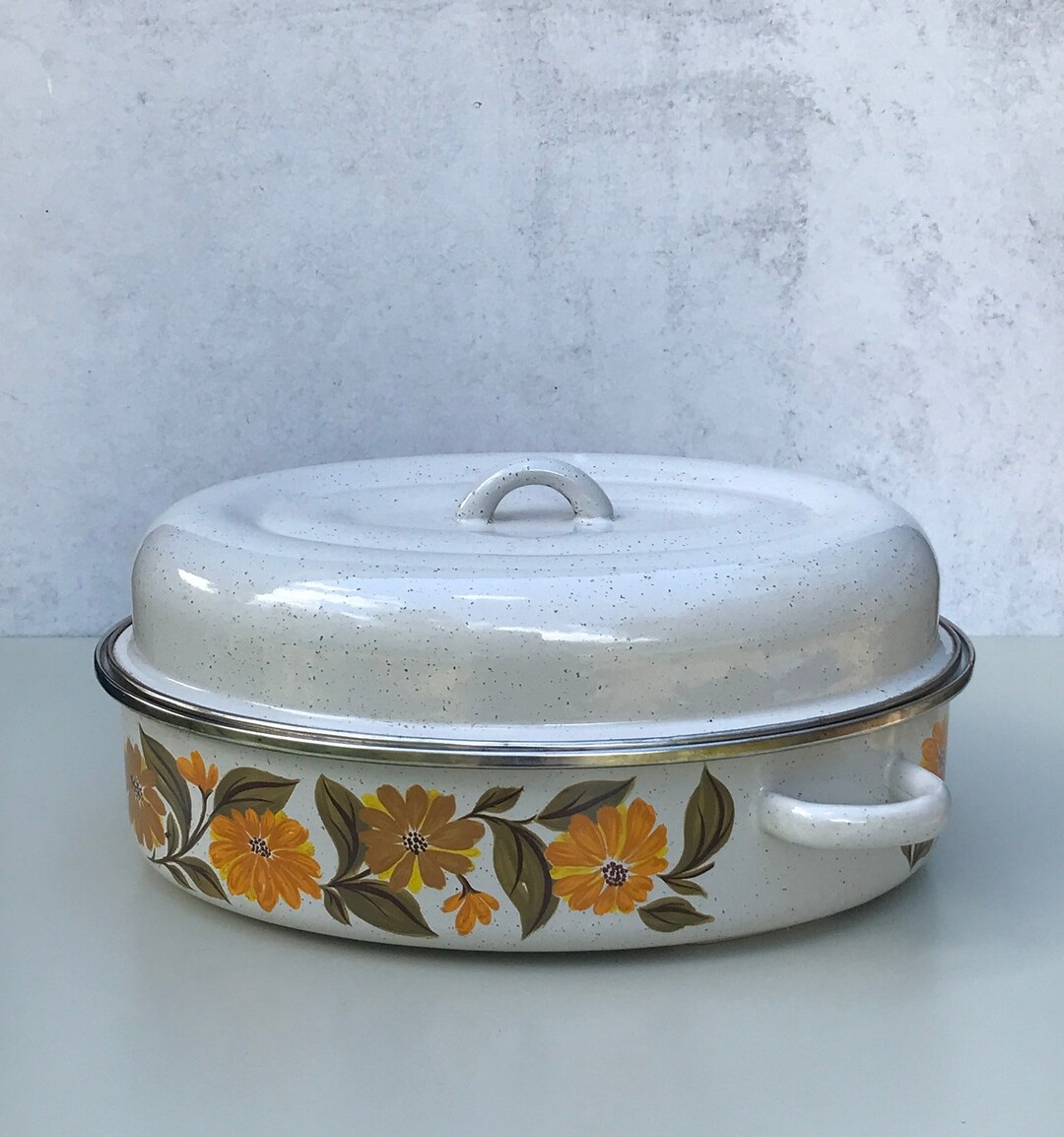 Vintage JMP Capri Enamelware 2 Piece Roasting Pan Set, Floral Daisy ...