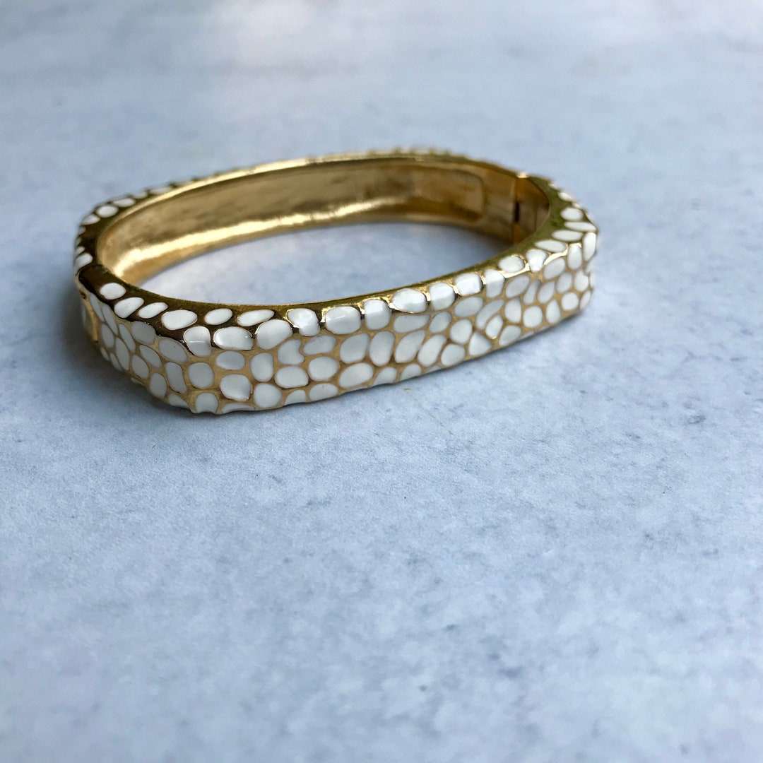Vintage White and Gold Enameled Hinged Bracelet, Vintage Enameled ...