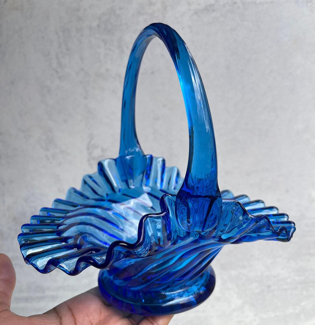 Vintage Cobalt Blue Swirl Glass Basket With Ruffled Edge and Applied ...