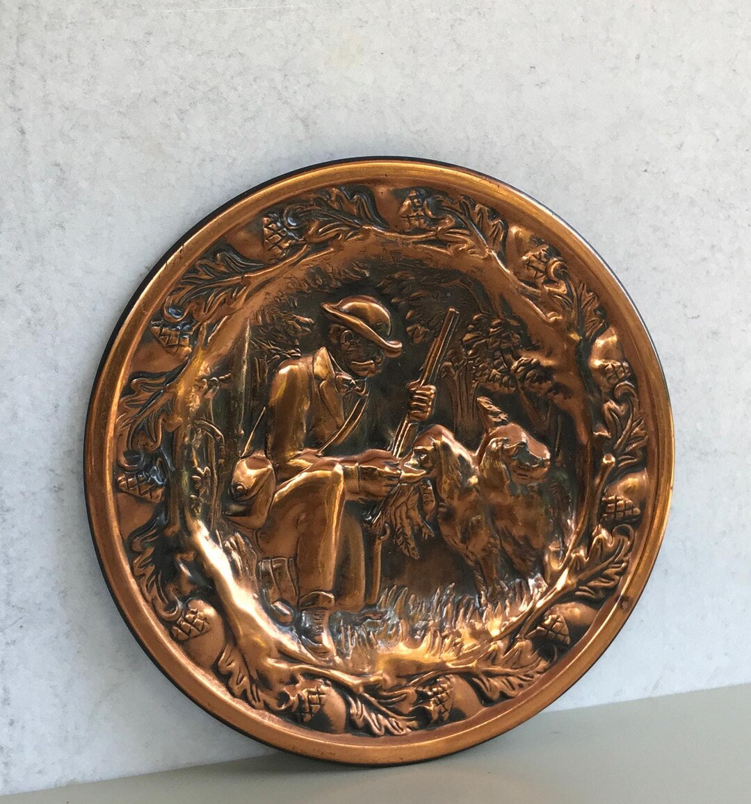 Vintage Repousse Copper Wall Plaque of Man and Dogs Bird Hunting by ...