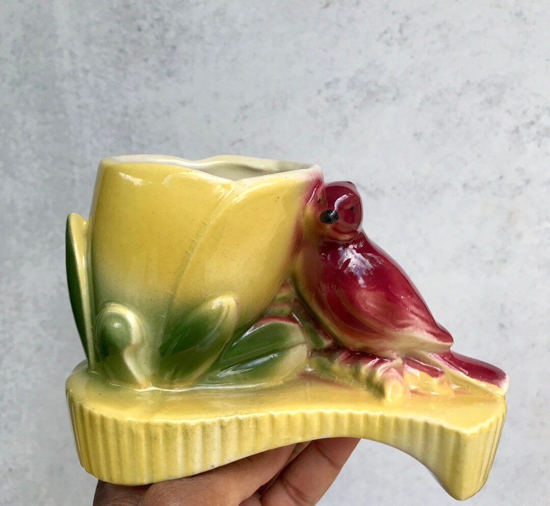 Vintage Pottery Bird Planter, Yellow Tulip Pot, Maroon Bird - Etsy