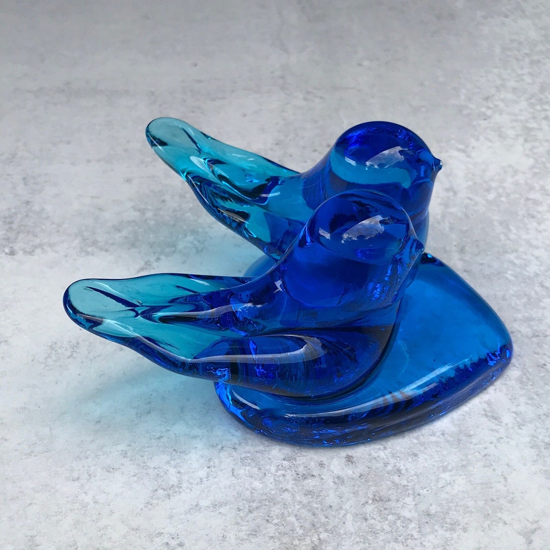 Vintage Blue Glass Love Birds on Heart Paperweight or Figurine Signed ...