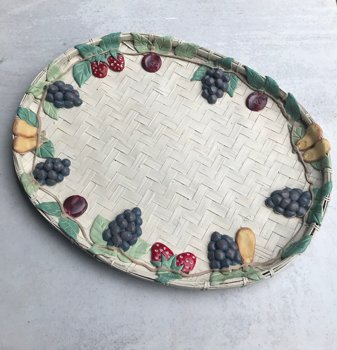 Vintage Handpainted White Wicker Oval Tray With Colorful Fruit, Fruit ...