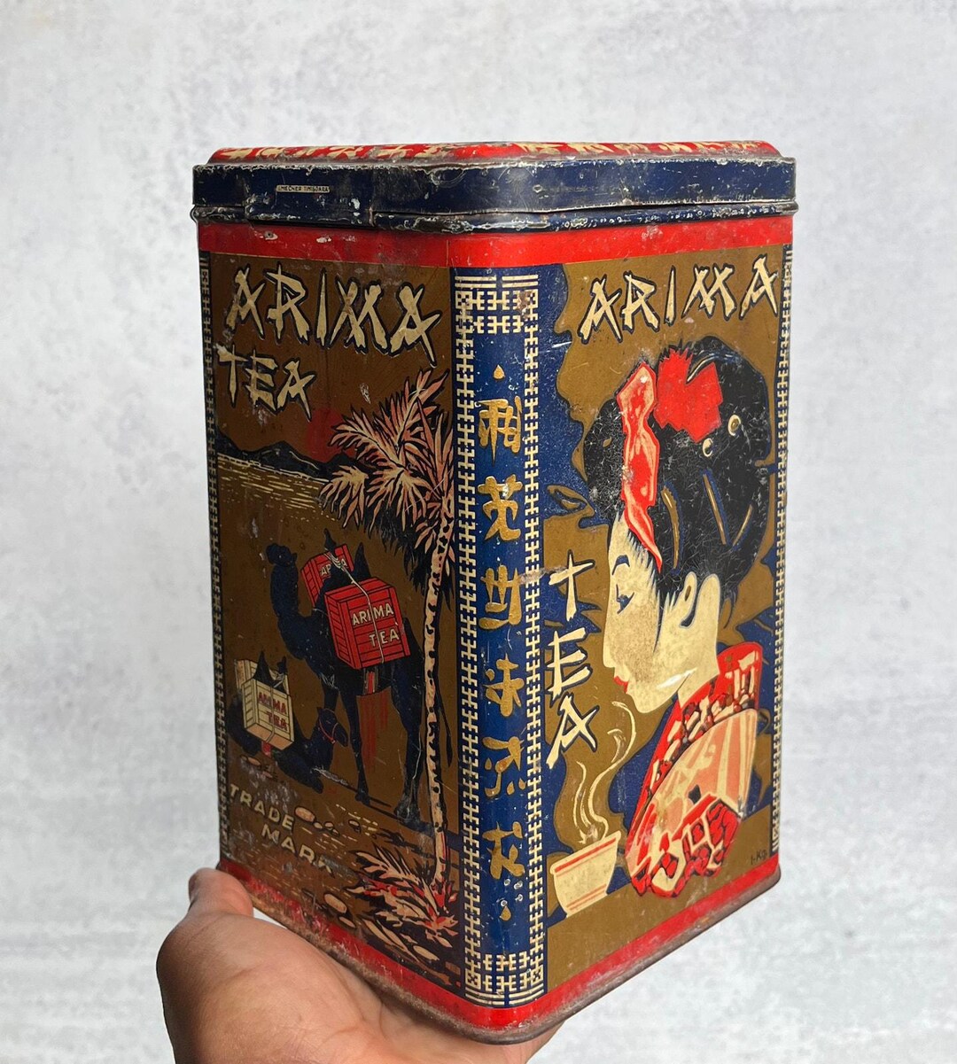 Rare Large Antique Tea Tin With Geisha and Camel Desert Scene for Arima ...