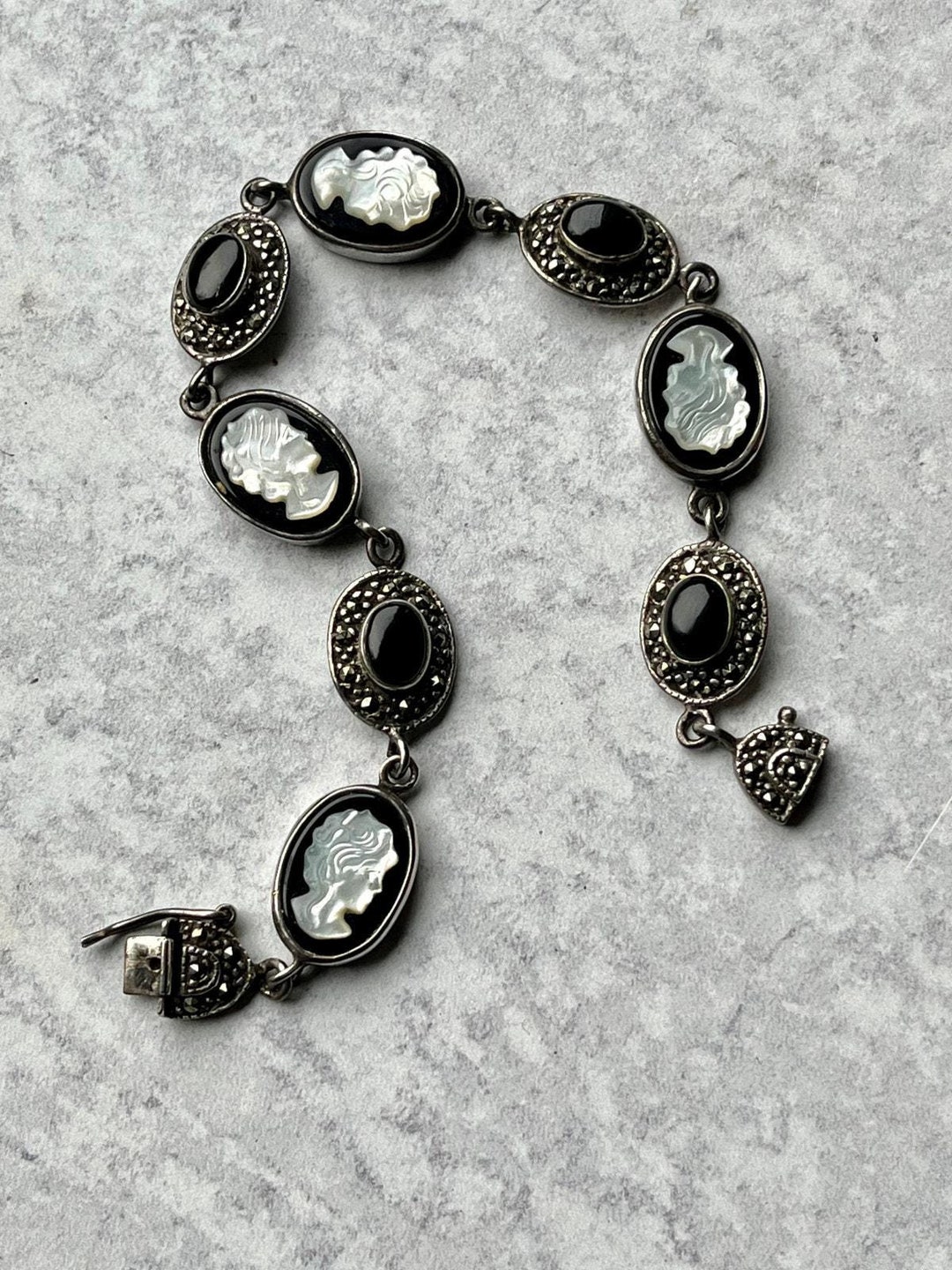 Vintage Sterling Silver Onyx and Mother of Pearl Cameo Marcasite Link ...