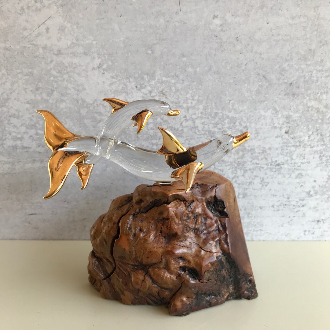 Vintage GLASS BARON Handblown Art Glass Dolphins Sculpture With 22kt ...