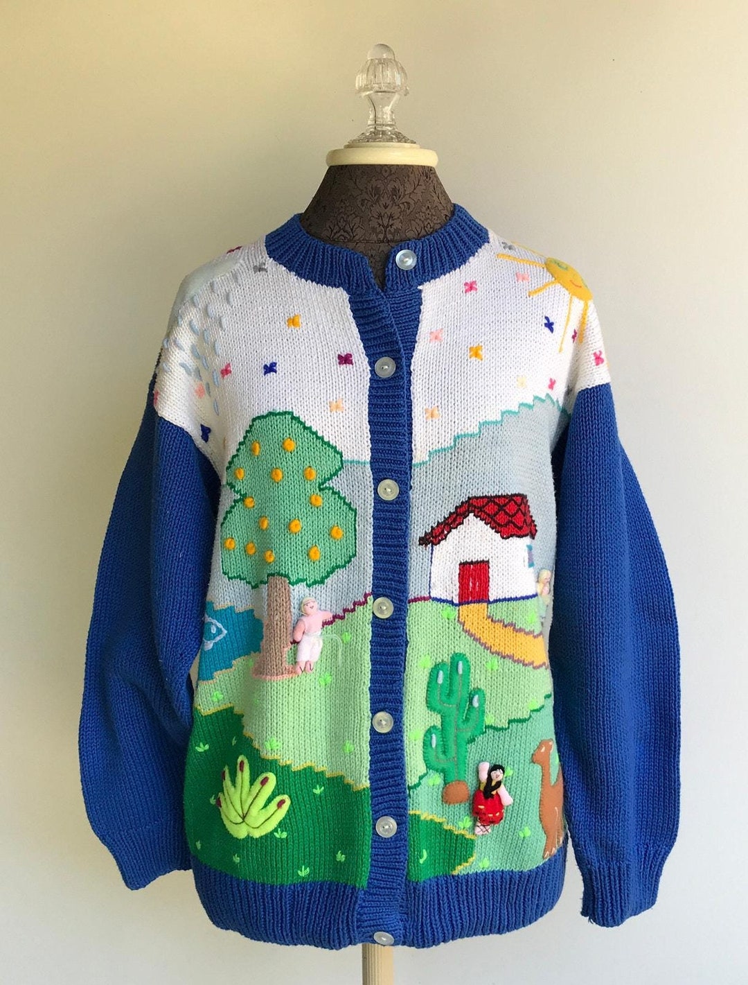 Unique Vintage Peruvian 3D Colorful Cardigan Sweater, Oversized ...