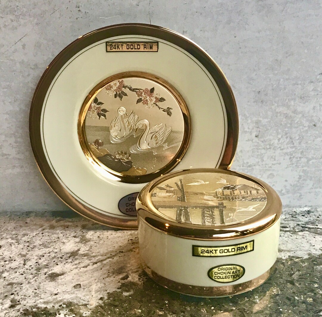 Vintage 24KT Gold Rim Chokin Art Trinket Box and Plate, Japanese Art - Etsy