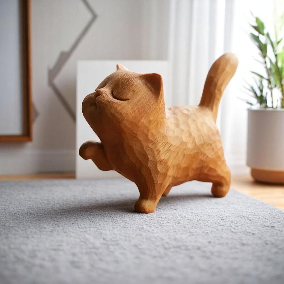 Hand Carved Wooden Cat Figurine - Boxwood Kitten Sculpture for Desk or ...
