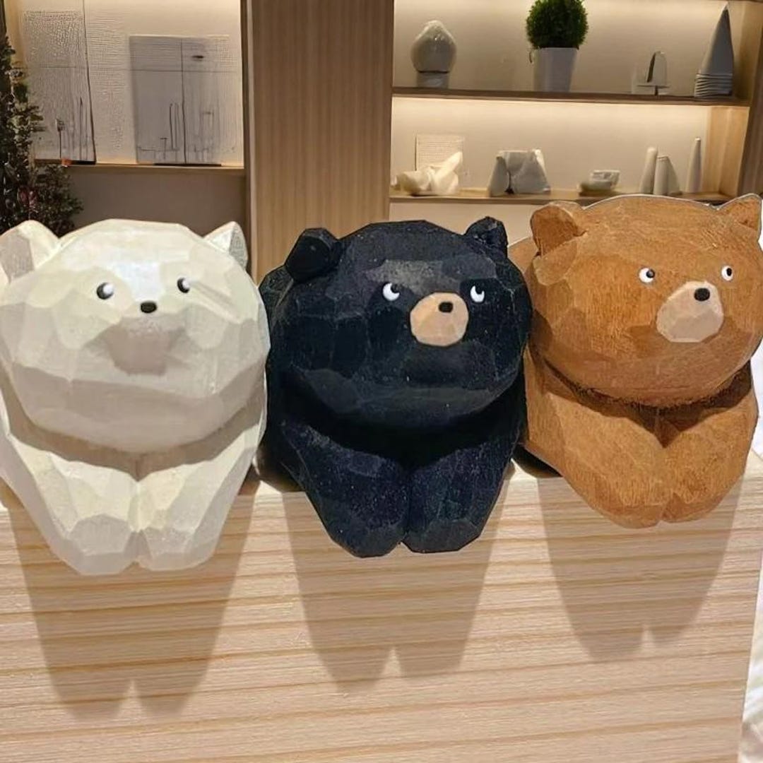 Hand Carving Solid Wood Bear Figurine - Cute Desktop Ornament for ...