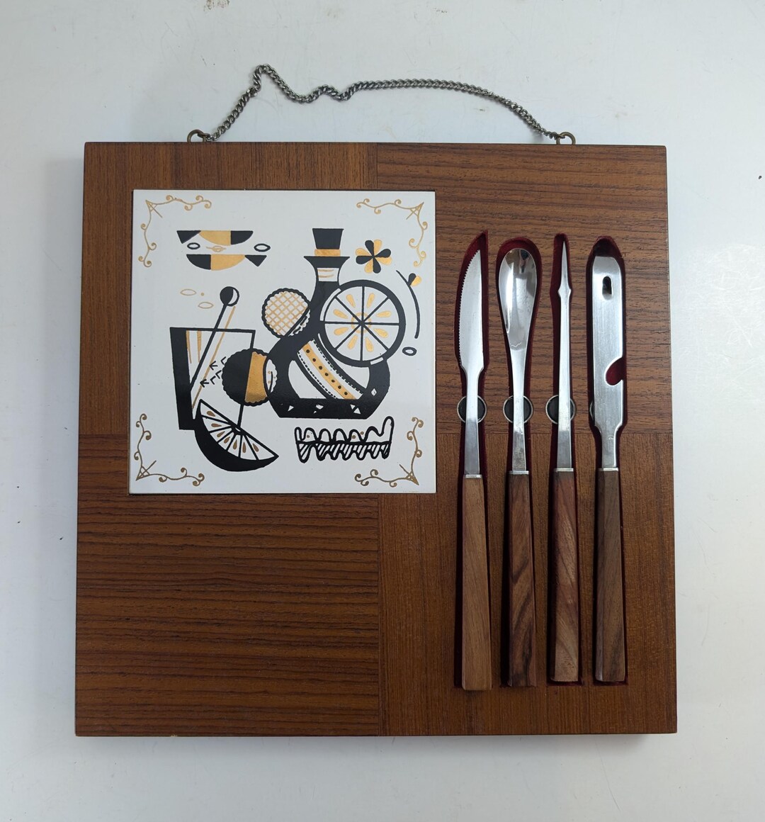 Mid-century Modern Bar Tool Set With a Decorative Ceramic Tile Cutting ...