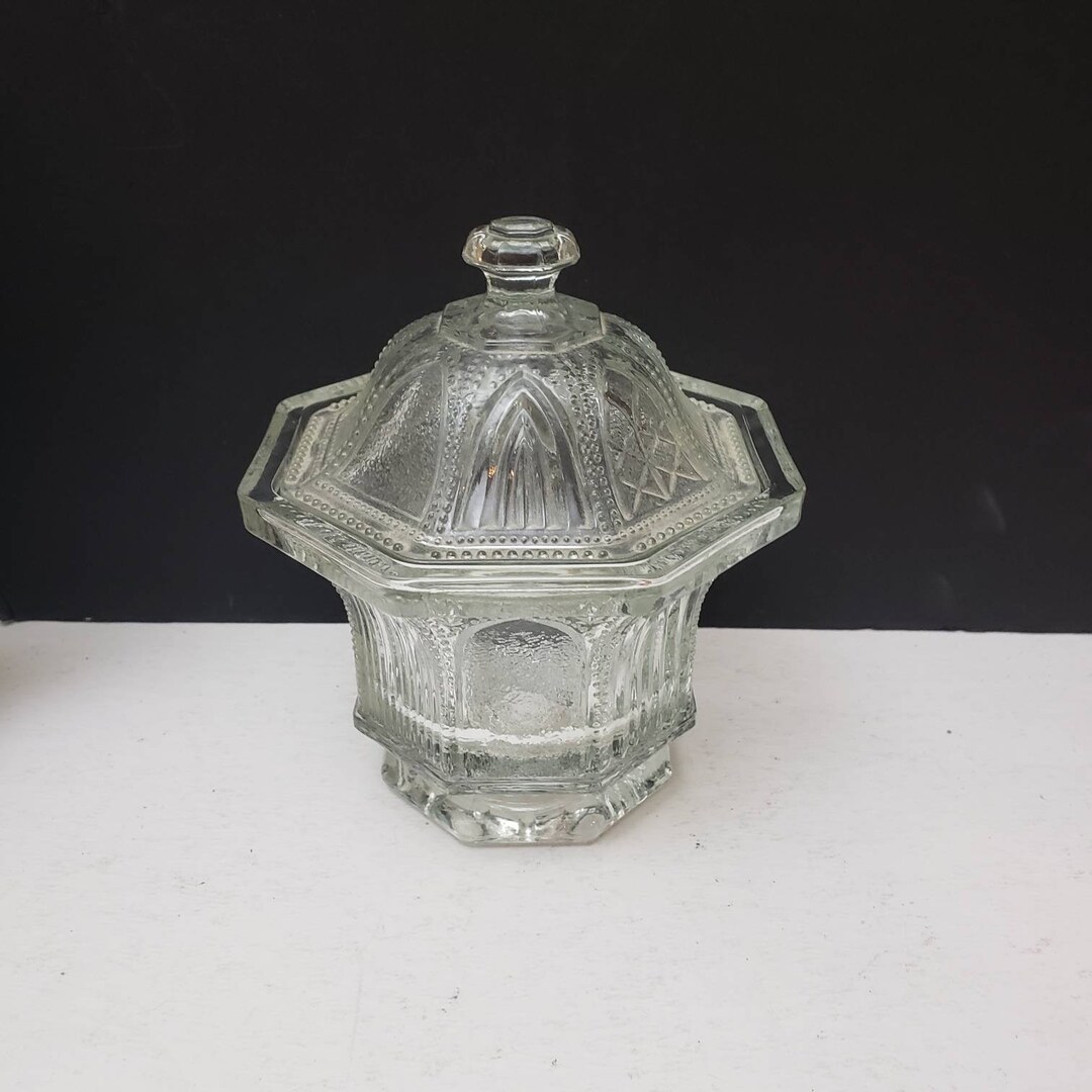 Pressed glass Gothic style covered candy dish or sugar bowl - Etsy ...