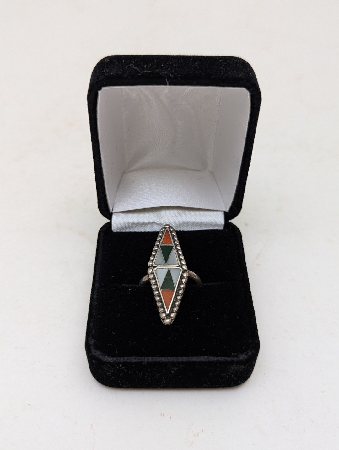 Vintage Zuni Inlay Sterling Silver Ring Coral Mother of Pearl and Black ...
