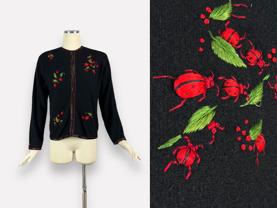 Vintage 1950s Cardigan Sweater With Ladybugs Bugs Insects Black & Red ...