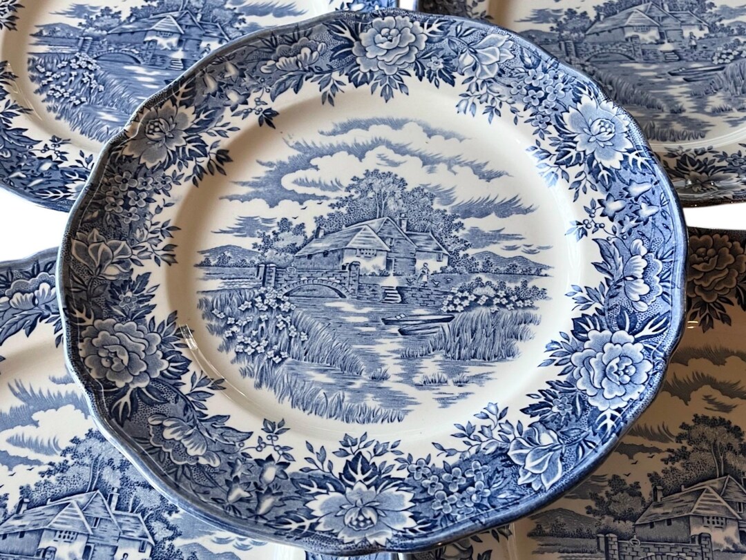 Free Shipping Vintage Blue and White Dinner Plates, English Village ...