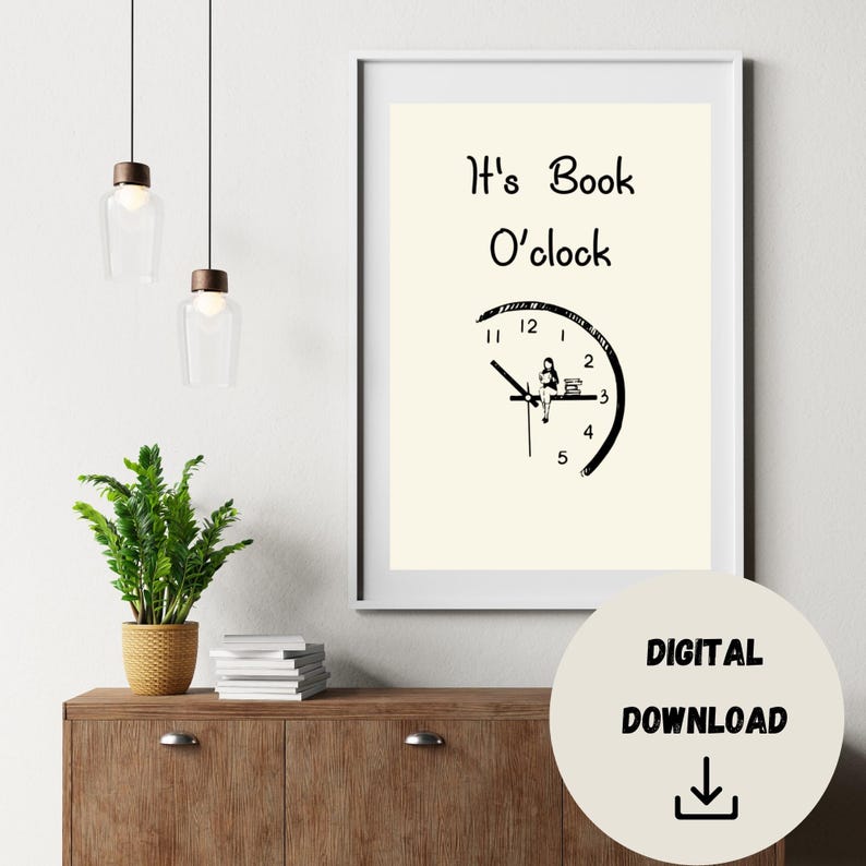 It's Book O'clock - Minimalist Digital Wall Art | Printable Book Lover ...