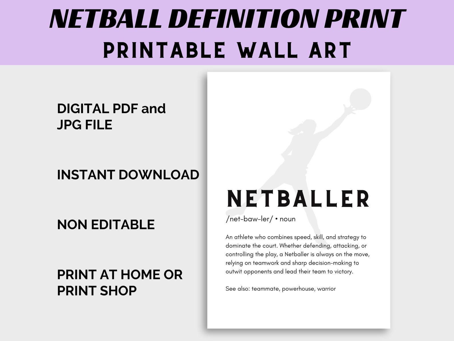 Netballer Definition Print, Digital Download, Netball Print, Netball ...