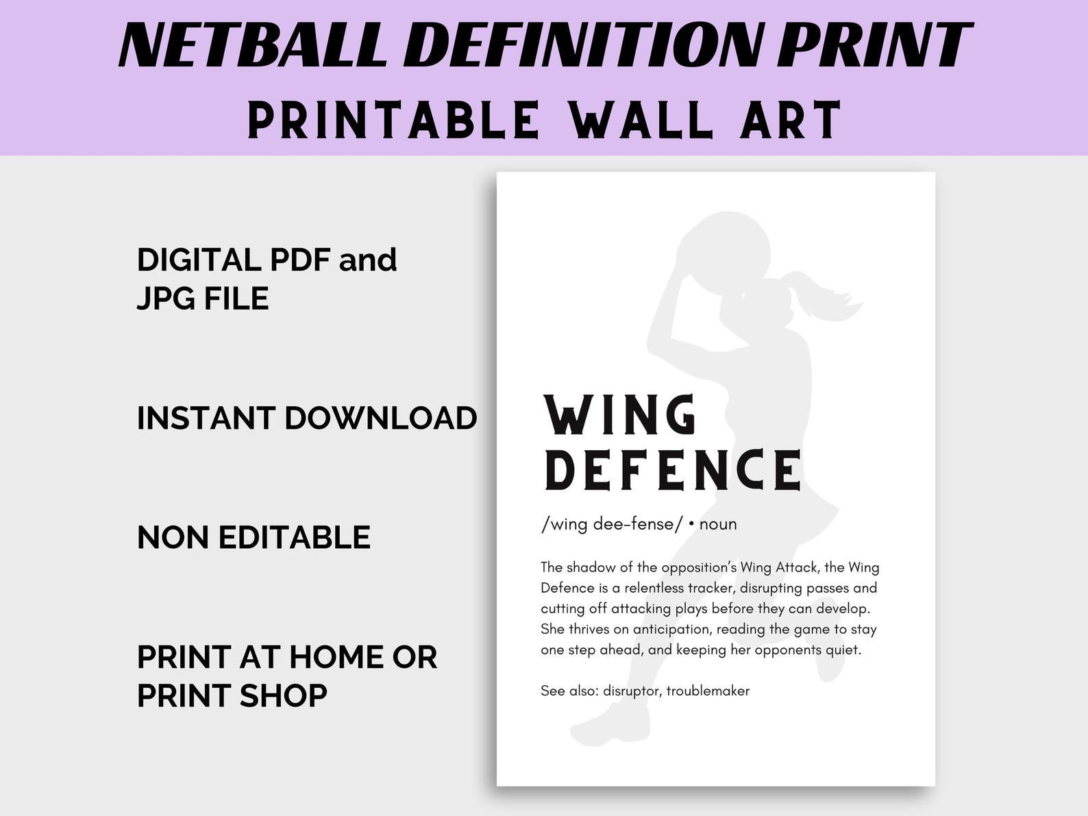 Wing Defence Definition Print, Digital Download, Netball Wall Art ...