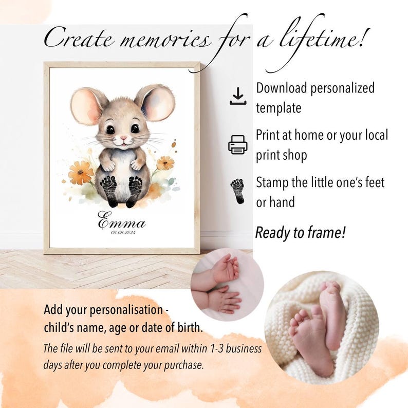 Personalised Baby Animal Footprint, Mouse Newborn Keepsake, Nursery ...
