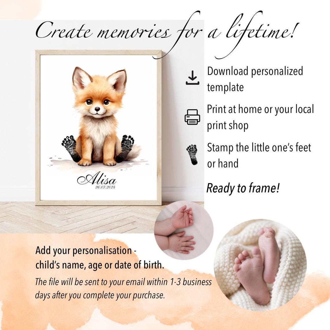 Personalised Baby Animal Footprint, Fox Newborn Keepsake, Nursery Wall ...