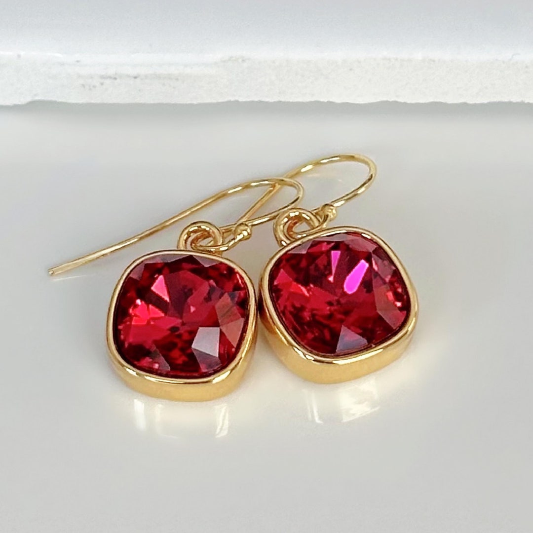 Ruby Red Crystal Drop Earrings, Red Crystal Square Earrings, Red ...