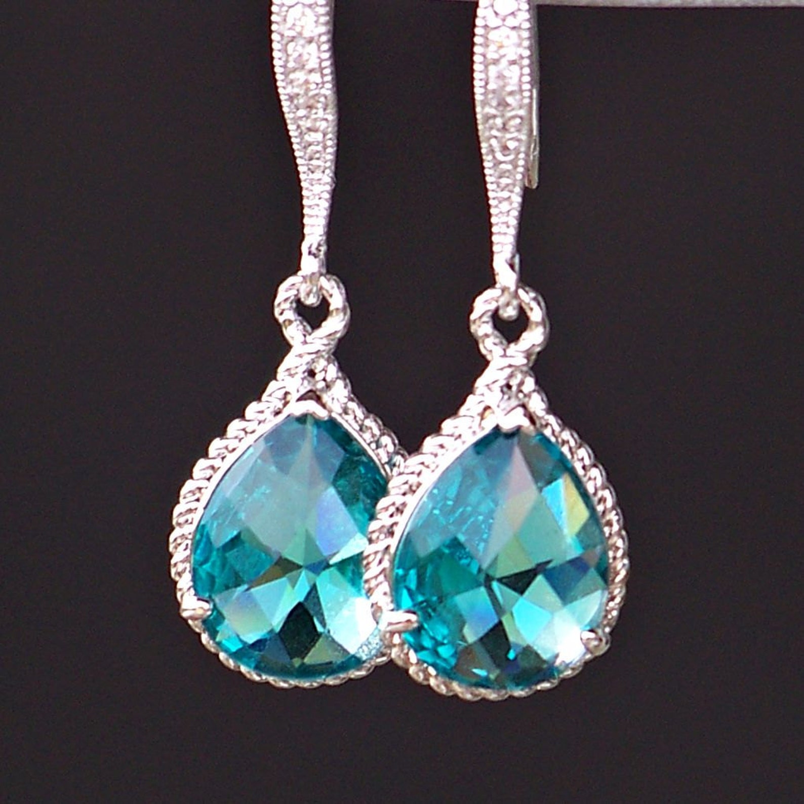 Teal Crystal Teardrops Framed in Silver Hanging From French - Etsy