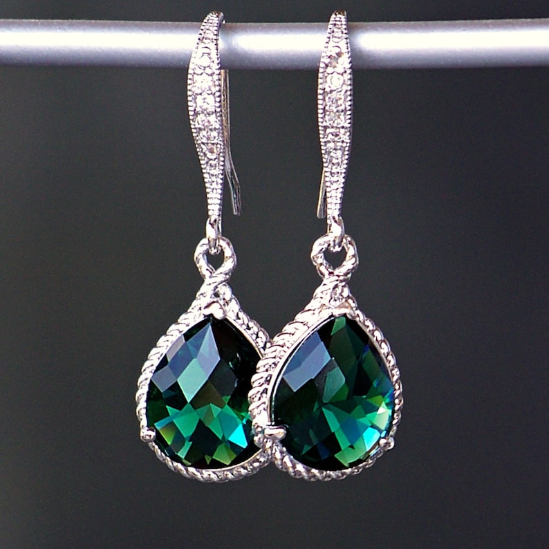 Emerald Green Crystal Teardrops With Rope Trim and CZ Detailed Silver ...