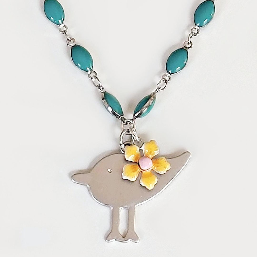 Bird and Flower Silver Necklace, Cute Bird Pendant on Turquoise Oval ...