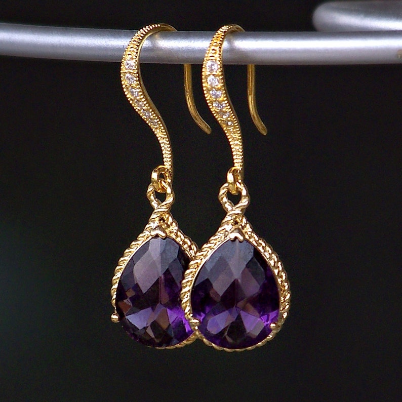 Amethyst Teardrop Crystals Set in Gold on Pave' Diamond French Earrings ...