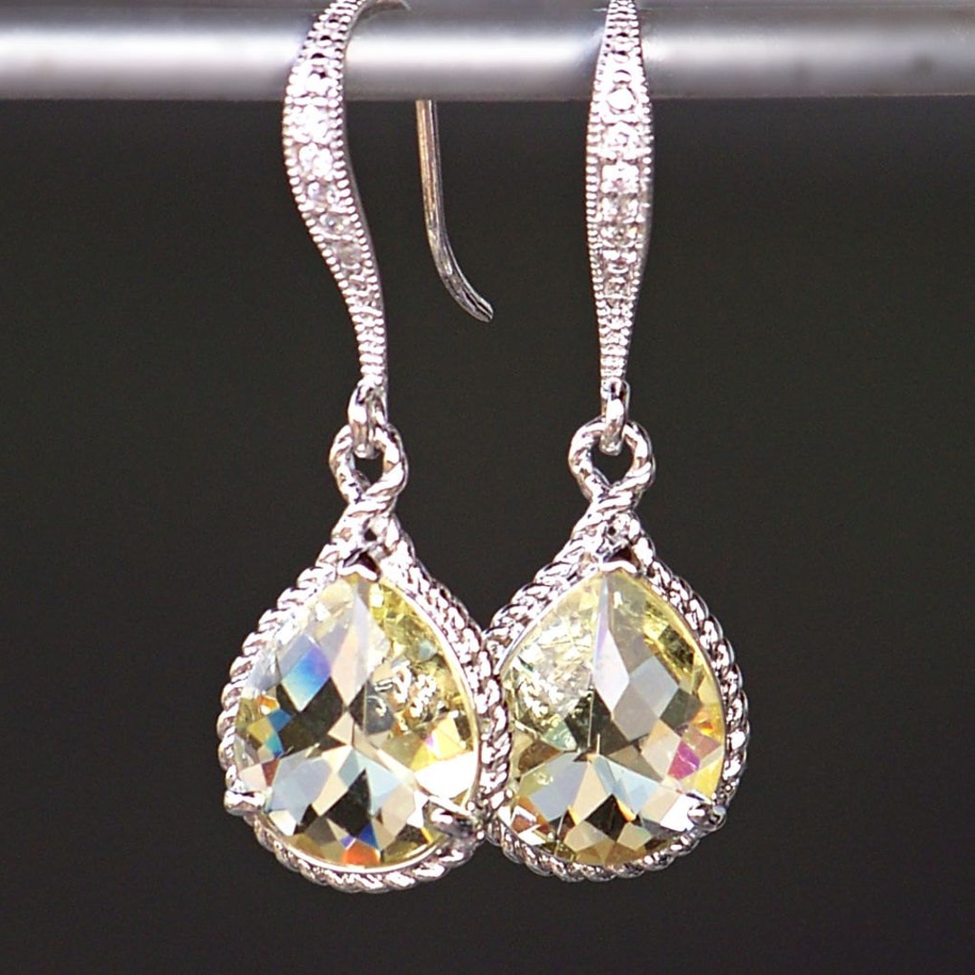 Light Yellow Crystal Teardrops With CZ Detailed Silver Ear Wires - Etsy