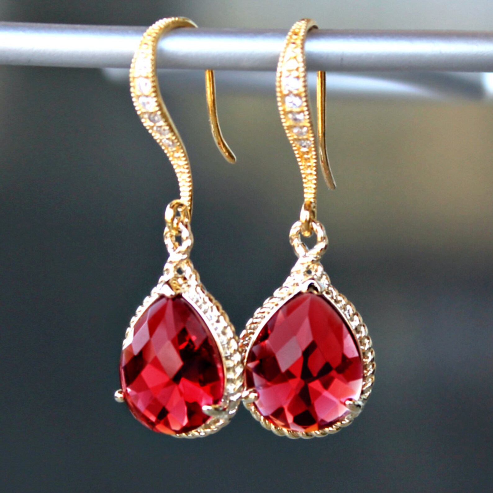 Ruby Red Teardrop Crystals Set in Gold With Crystal Detailed French ...