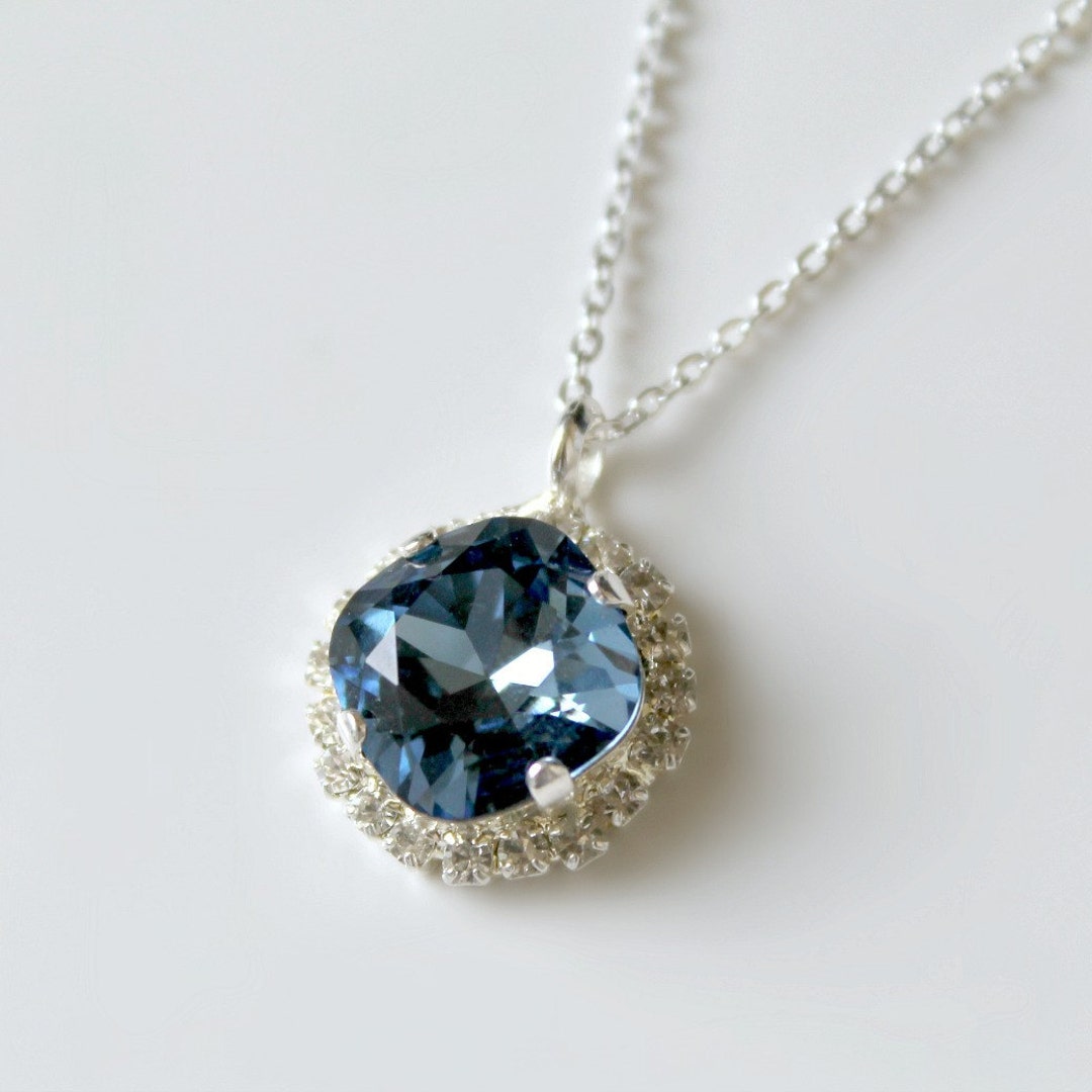 Navy Blue Crystal Pendant Necklace, Silver Pendant Necklace, Dark Blue ...