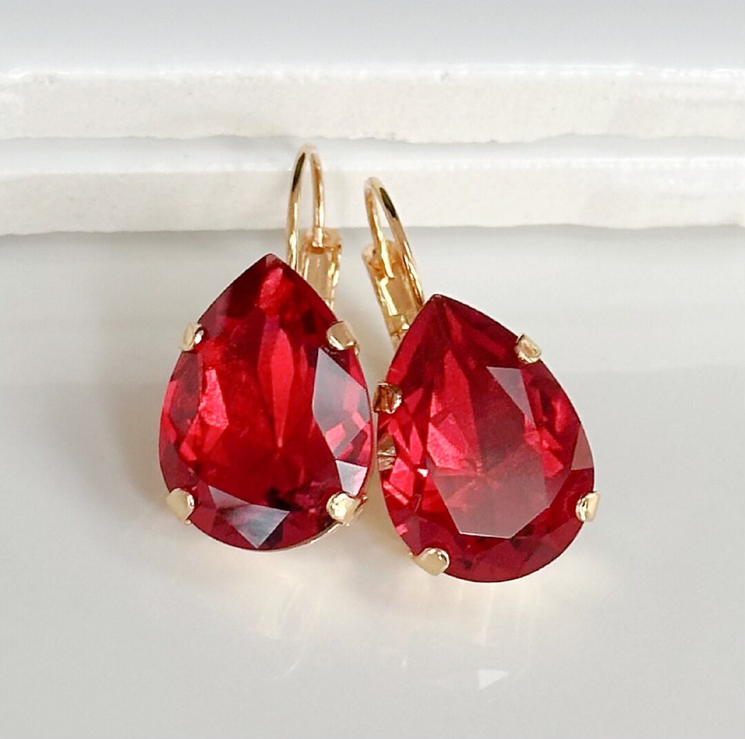 Red Rose Crystal Drop Earrings, Red Crystal Teardrop Earrings, Gold ...