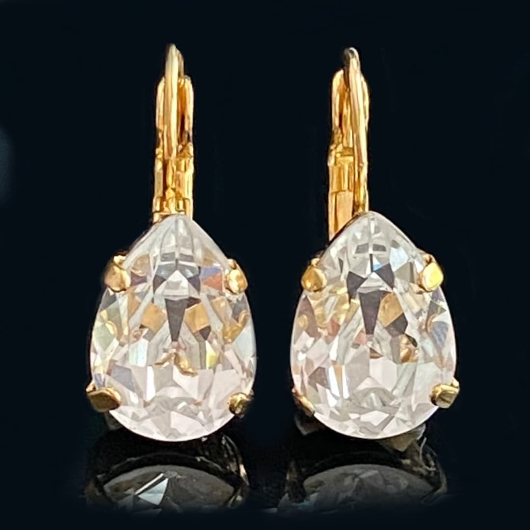 New Smaller Size Crystal Teardrops Set in Gold on Lever Back Earrings ...