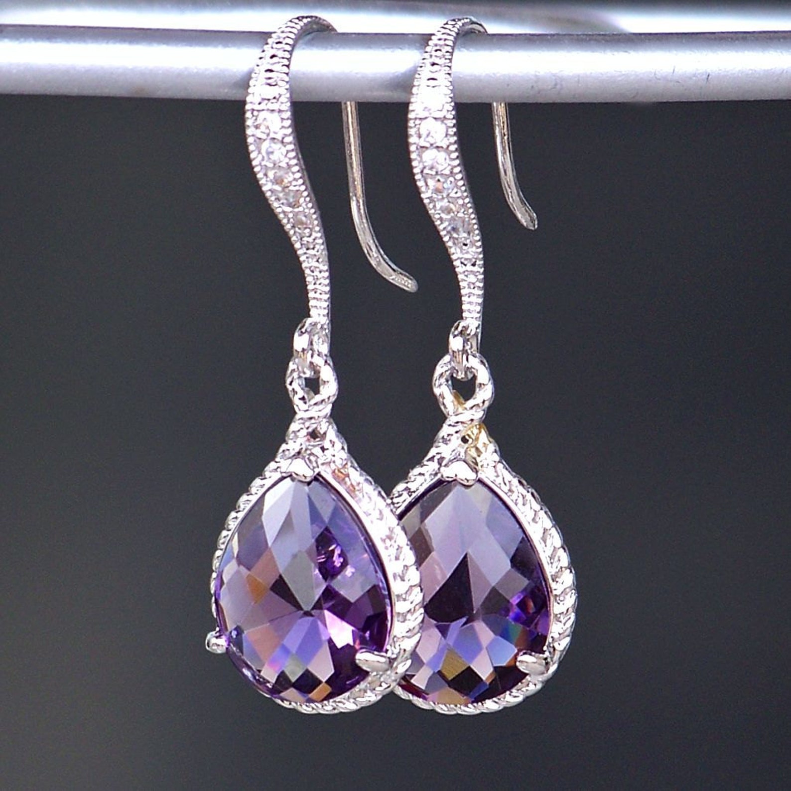 Teardrop Amethyst Crystal Earrings With Pave' Crystal - Etsy
