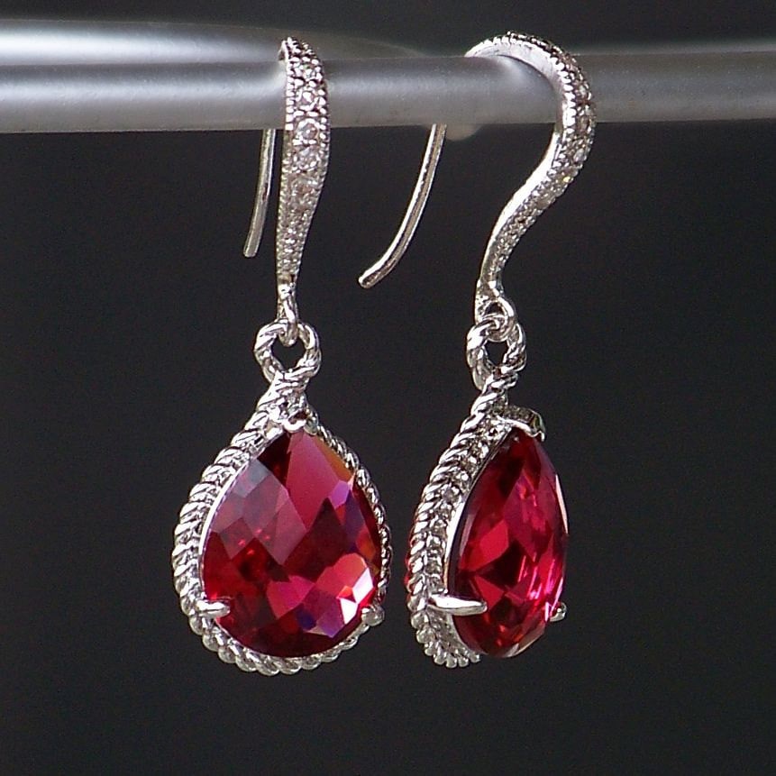 Ruby Red Teardrop Crystals Set in Silver With Crystal Detailed - Etsy