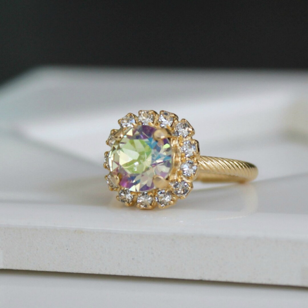 Yellow Green Crystal Halo Ring in Gold, Crystal Adjustable Ring, Gold ...