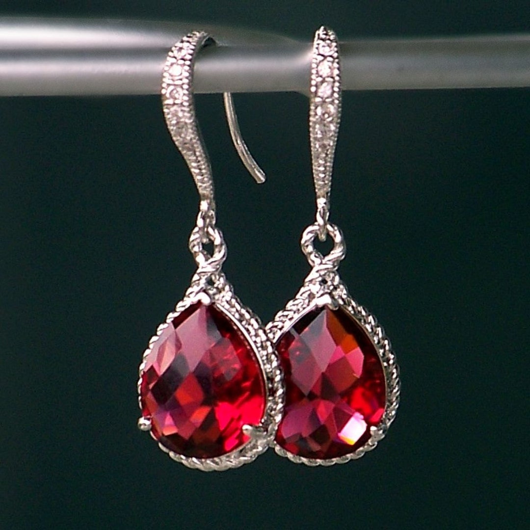 Ruby Red Teardrop Crystals Set in Silver With Crystal Detailed French ...