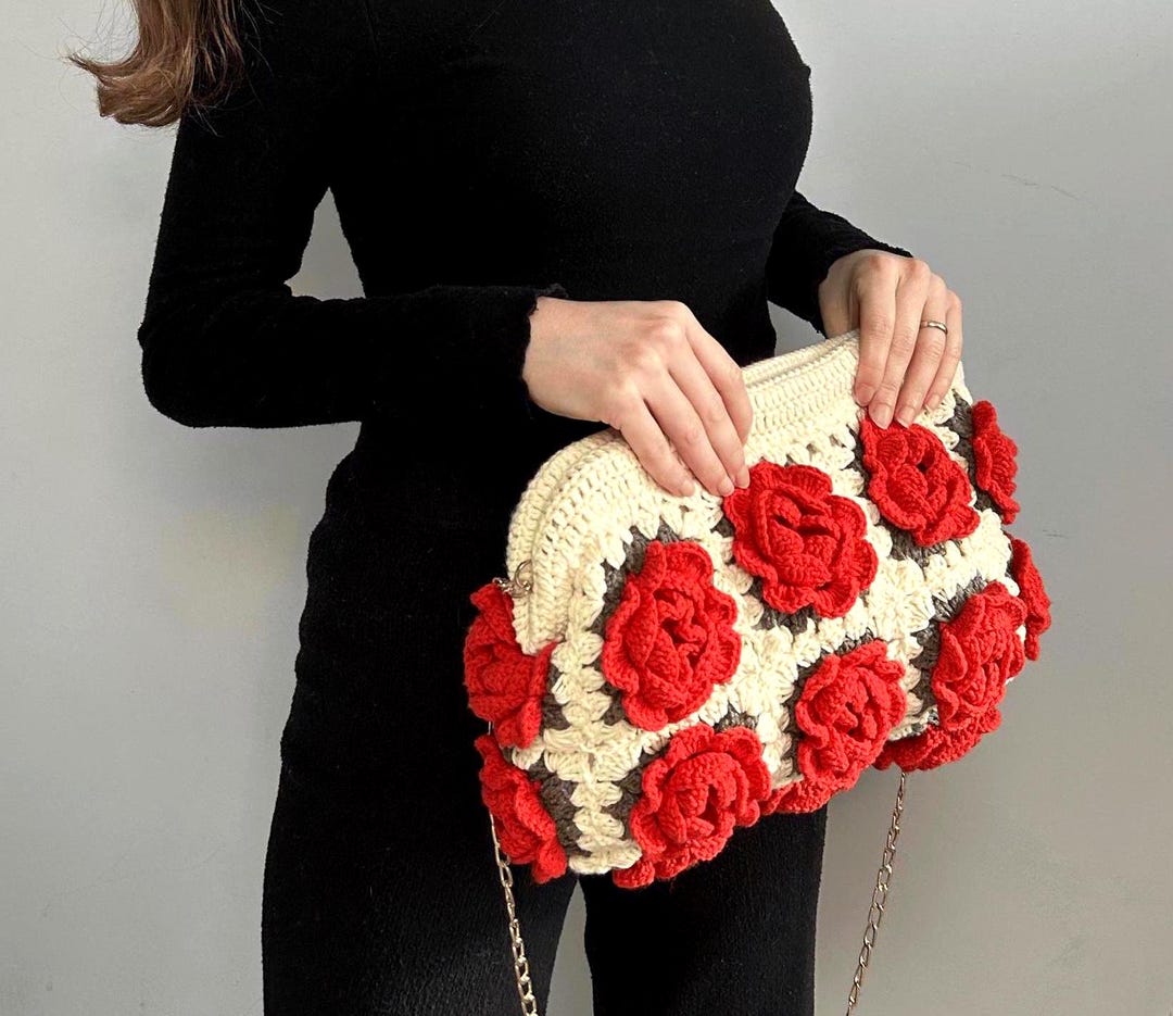 Crochet Rose Kisslock Clutch: Handmade Floral Granny Square Purse Bag ...