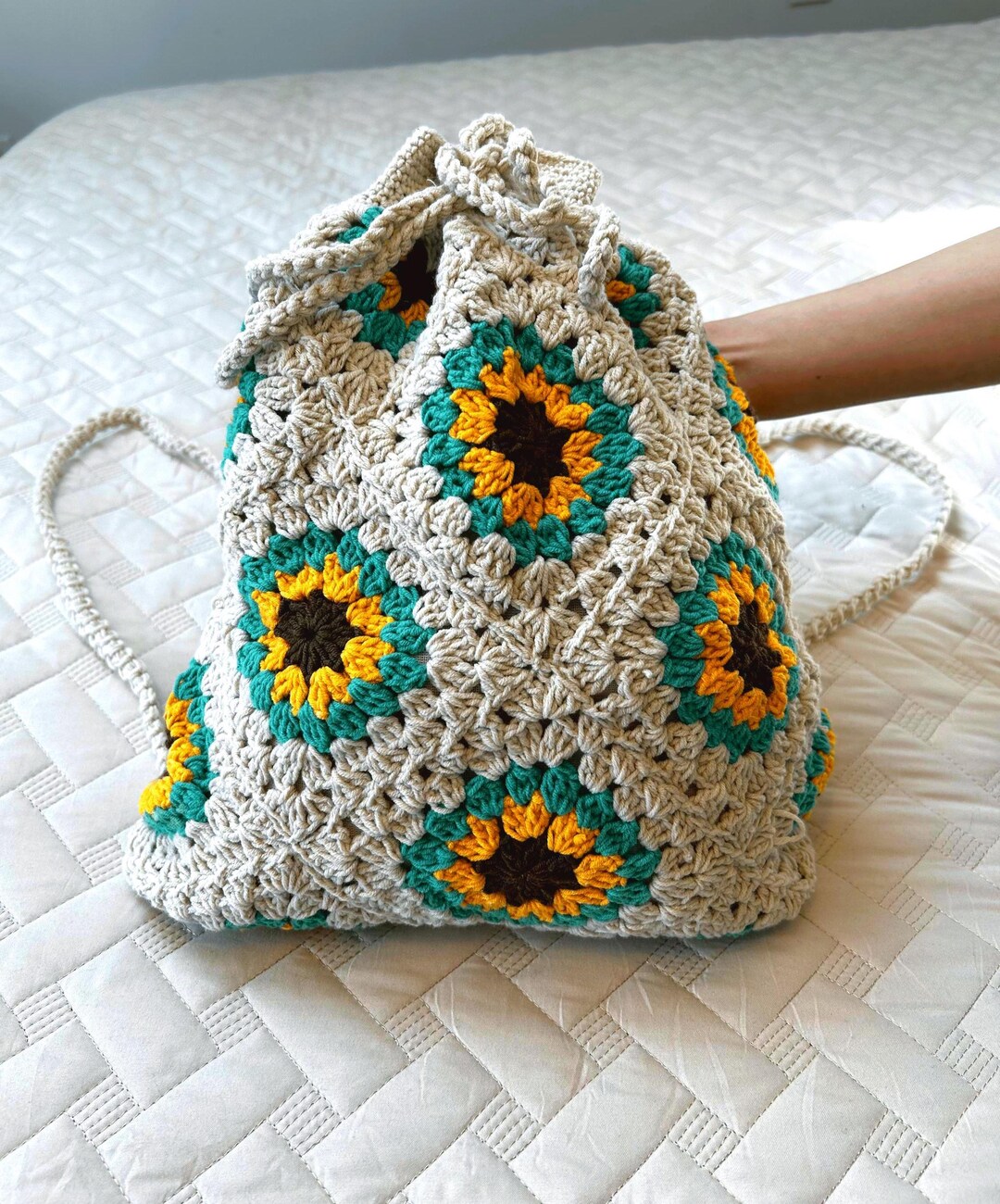 Crochet Sunflower Backpack: Handmade Granny Square Floral Rucksack ...