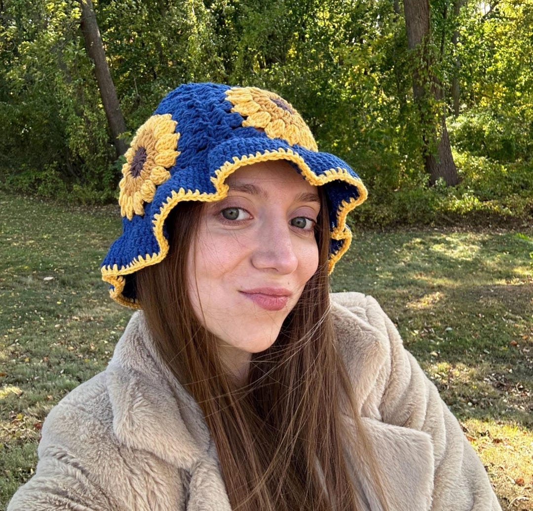 Crochet Sunflower Blue Bucket Hat,festival Boho Bucket Hat,summer ...