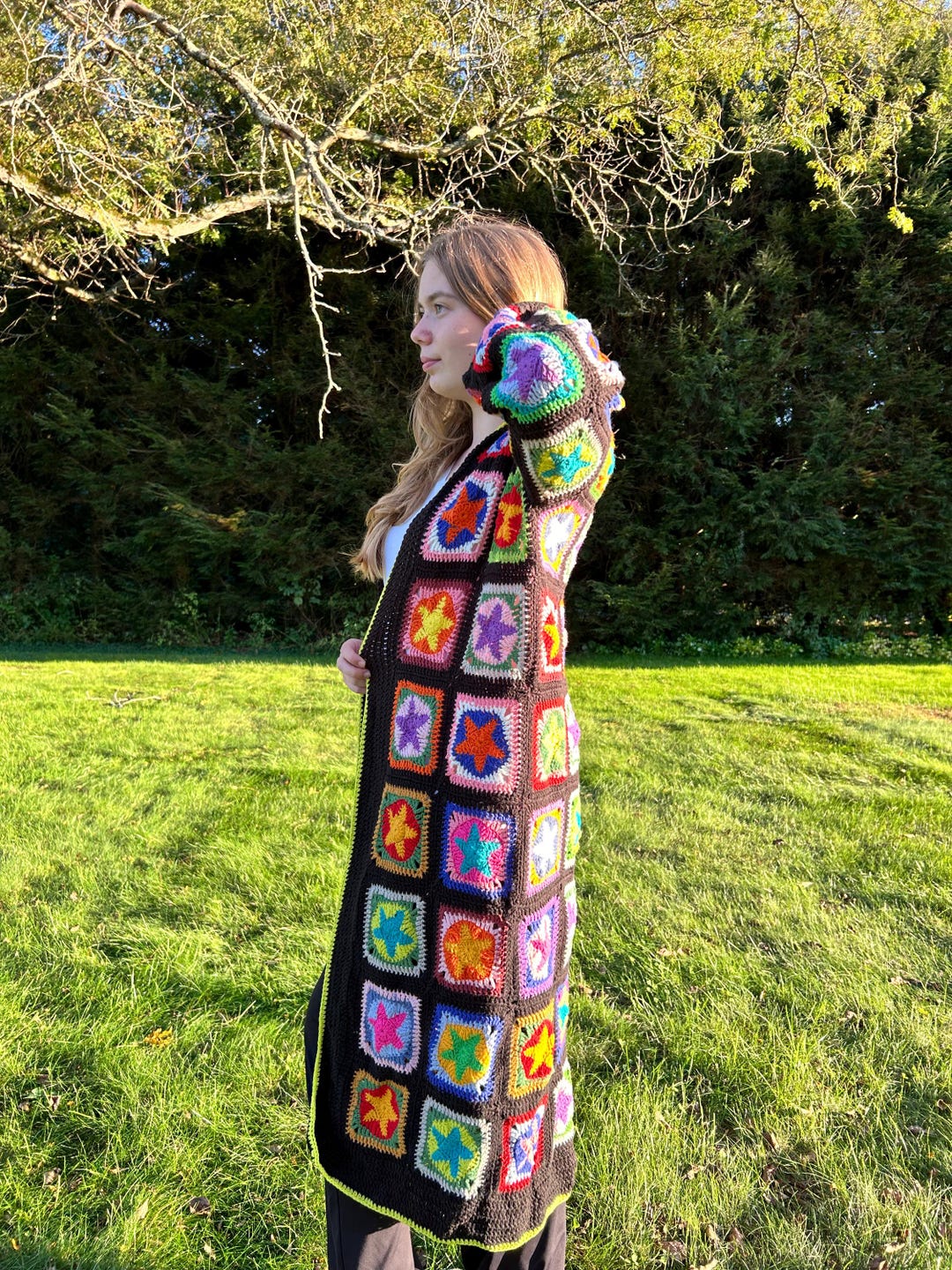 Rainbow Star Granny Square Cardigan: Black Cotton Crochet Duster Coat ...