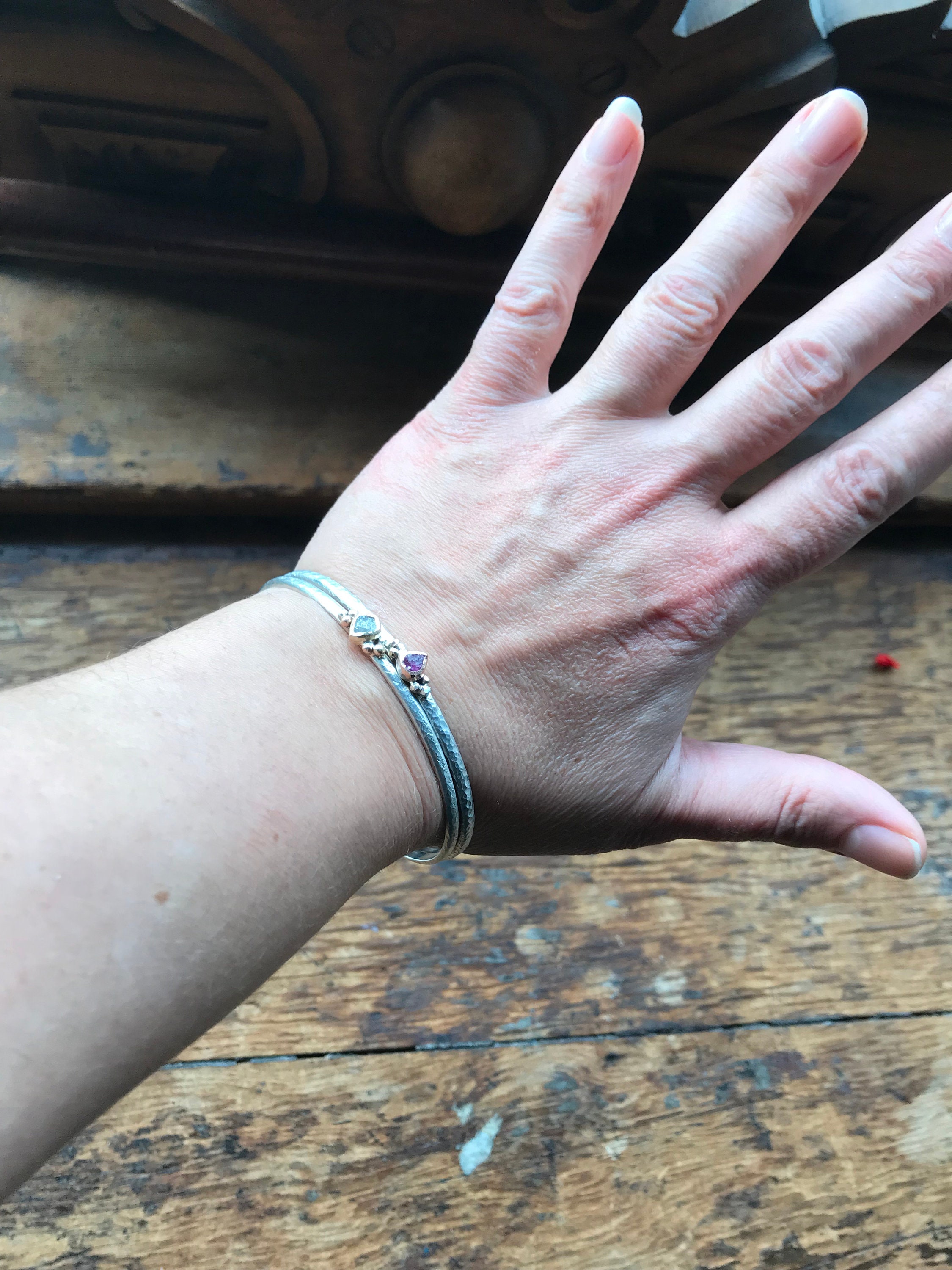 Raw Rough Baringo Ruby Rose Gold Yellow Gold and Sterling Silver Bangle ...