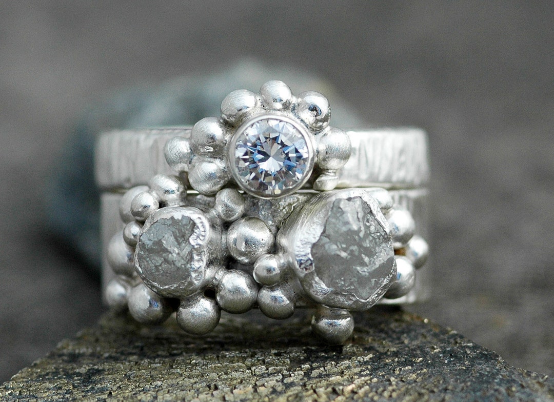 Rough Raw and Cut Diamond Sterling Silver Stacking Ring Set- Two Custom ...