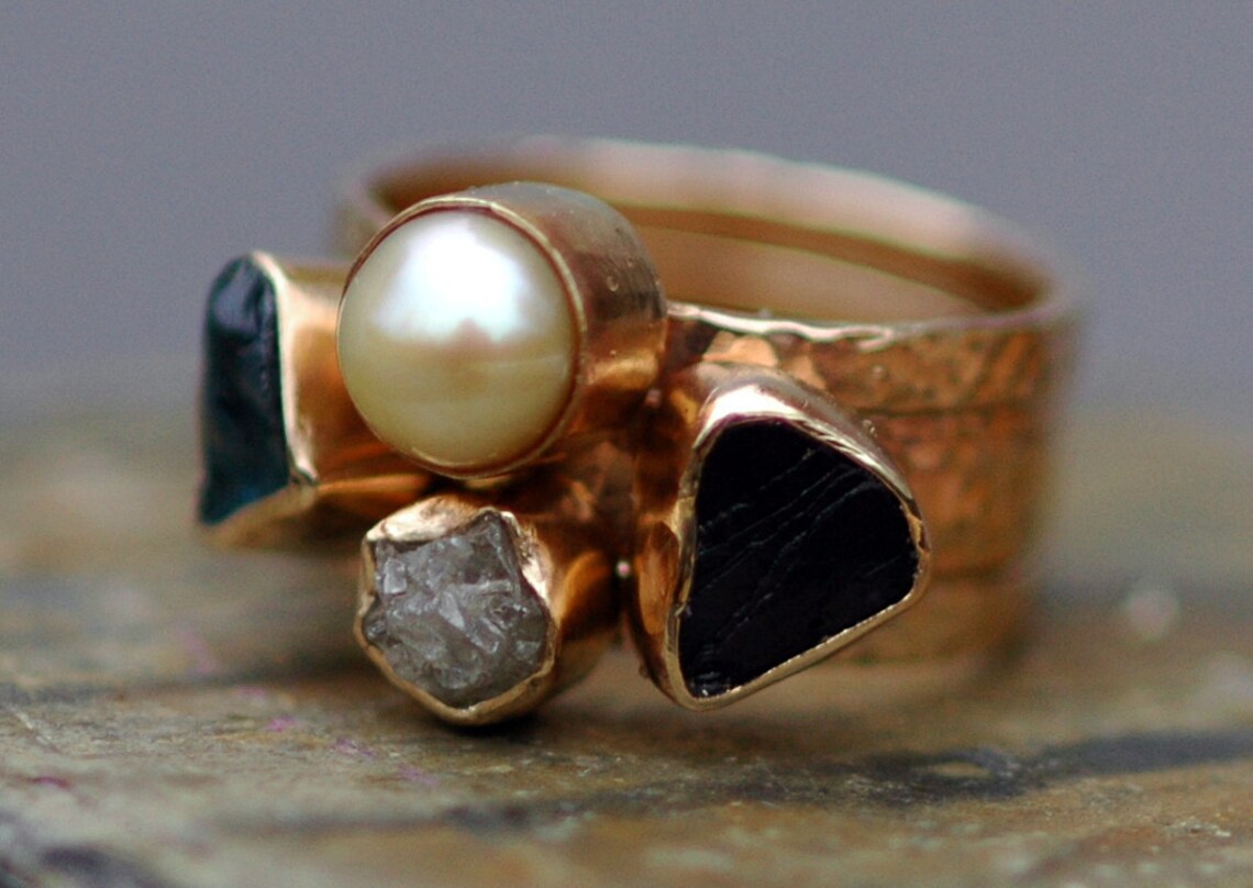 Multistone Three Stacking Rings- Custom 14k Gold Set With Pearl, Rough ...