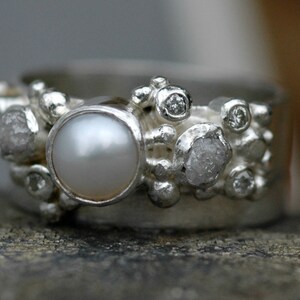 Rough Diamond, Diamond Melee and Pearl Engagement Ring and Matching ...