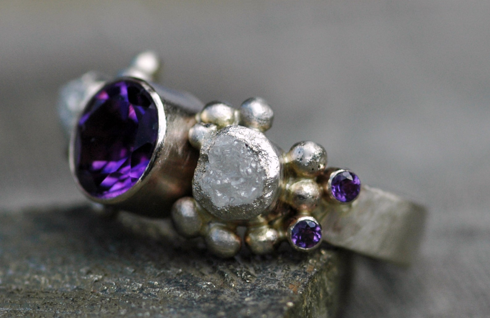 Amethyst Gemstone and Rough Diamond Ring in Recycled 14k or 18k White ...