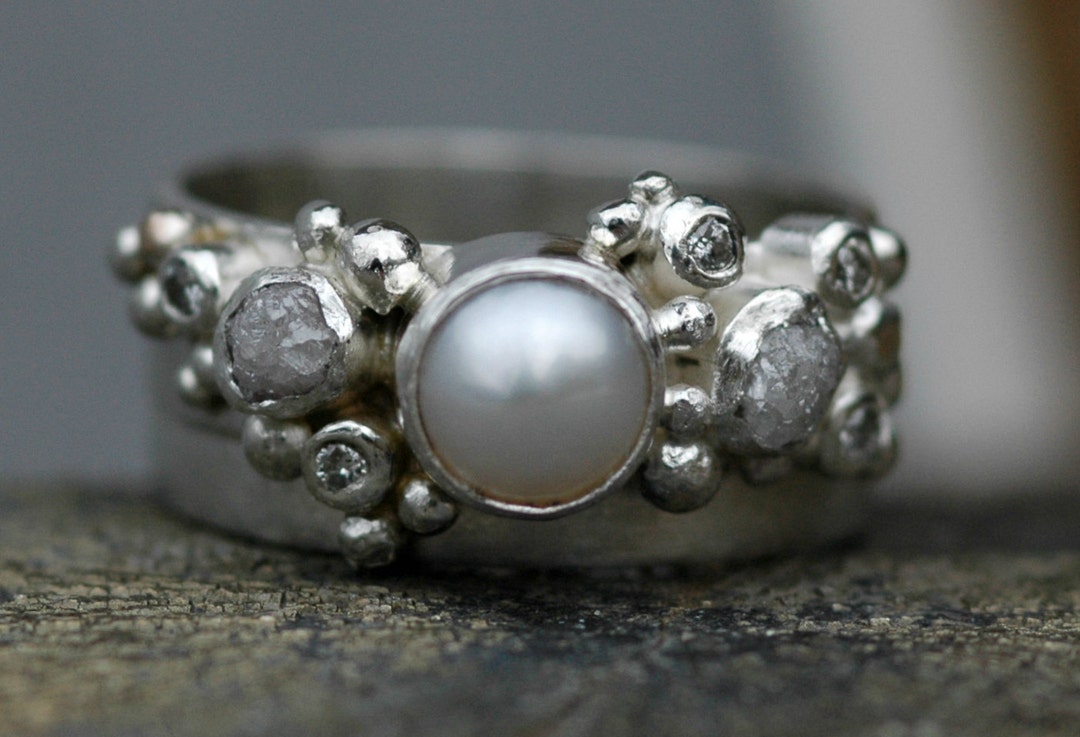 Rough Diamond, Diamond Melee and Pearl Engagement Ring and Matching ...