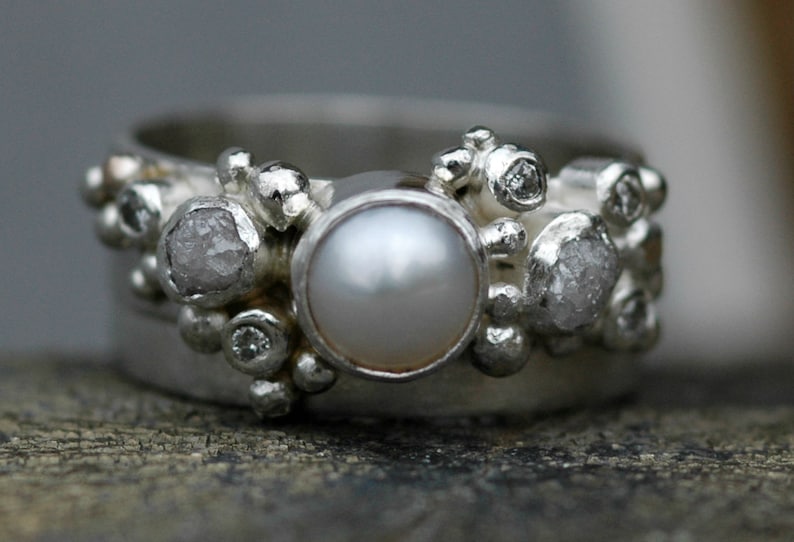 Rough Diamond, Diamond Melee and Pearl Engagement Ring and Matching ...