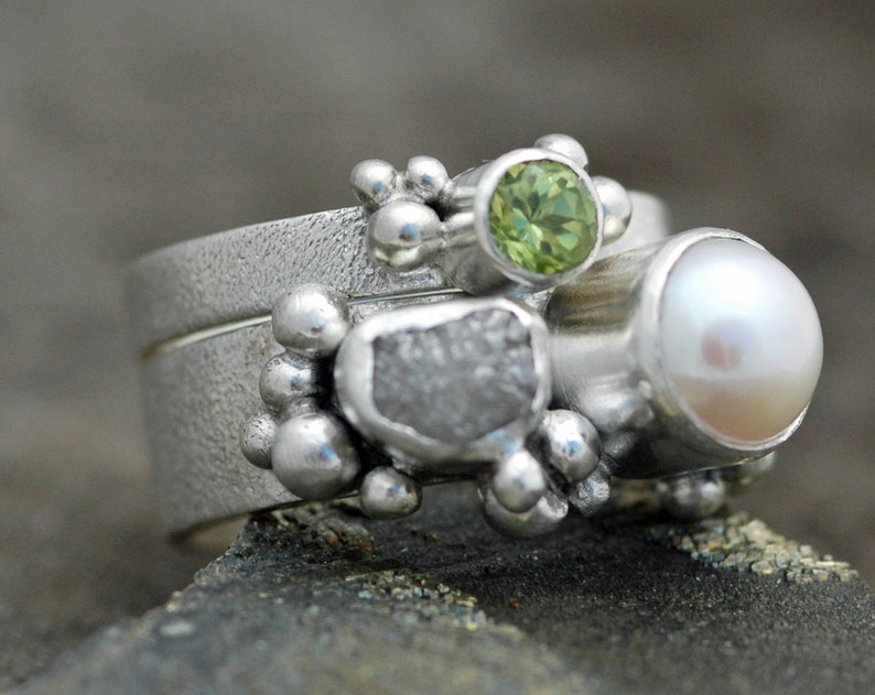 Multistone Freshwater Pearl, Rough Raw Diamond, and Peridot Sterling ...